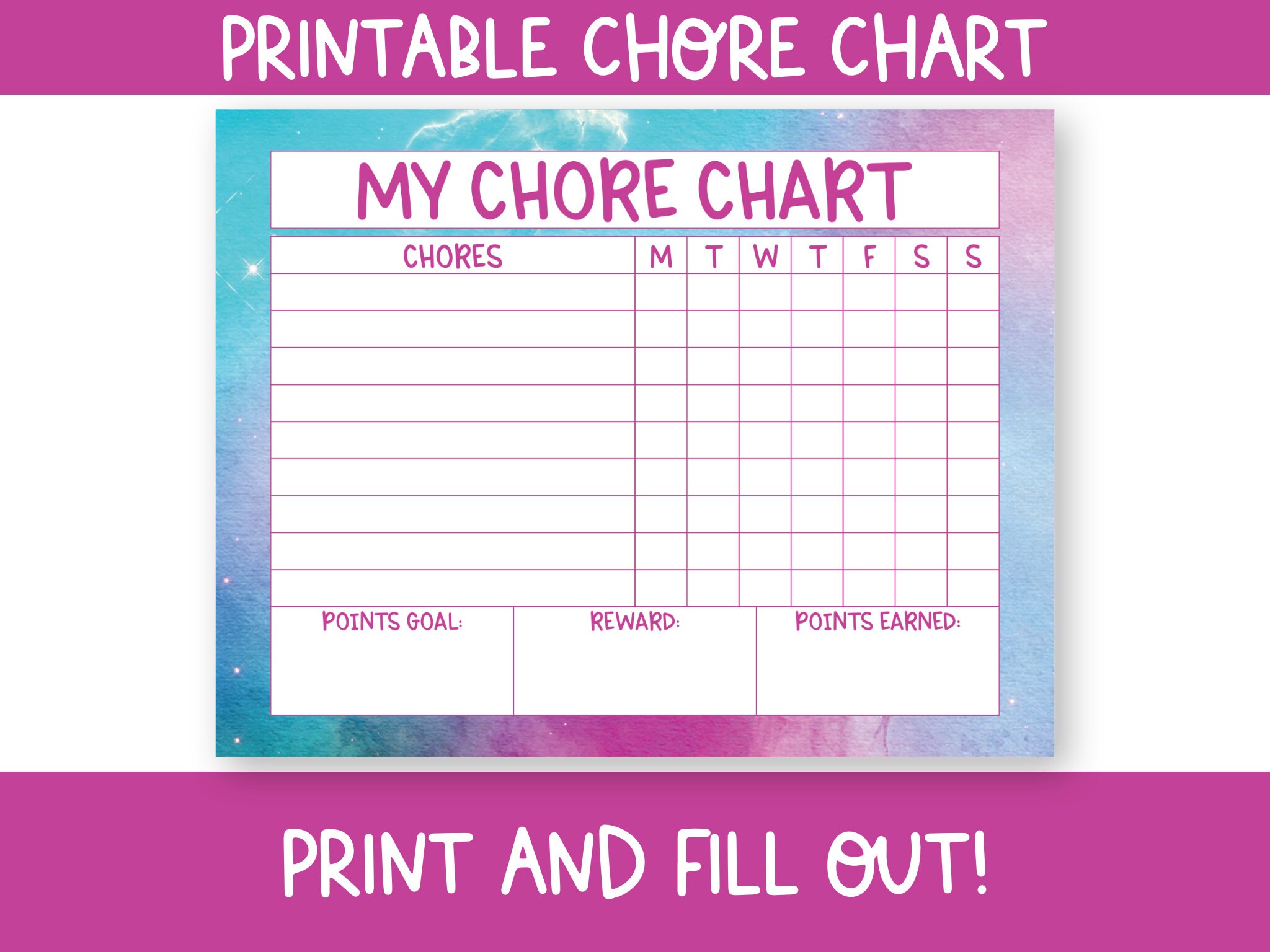 Galaxy Chore Reward Chart Printable Pink and Blue Printable - Etsy