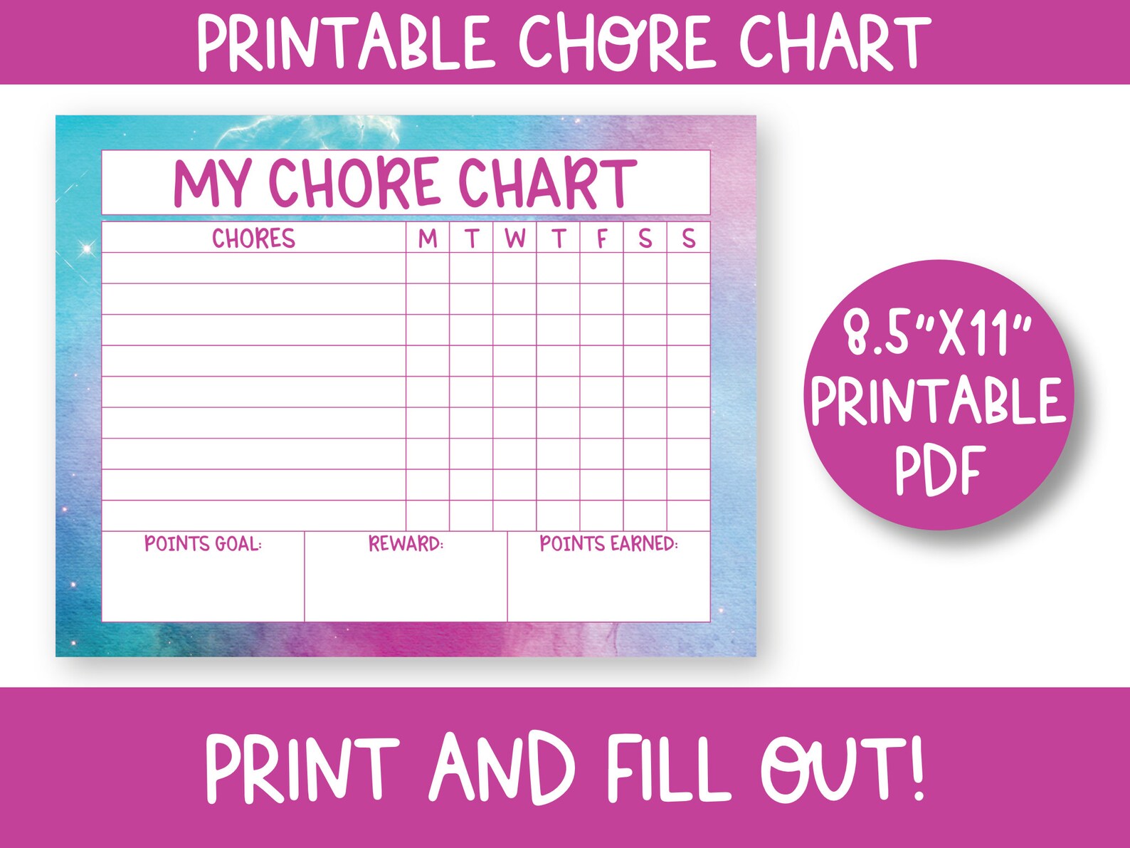 Galaxy Chore Reward Chart Printable Pink and Blue Printable - Etsy