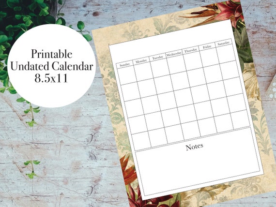 Blank Calendar Undated Calendar Wall Calendar Printable | Etsy