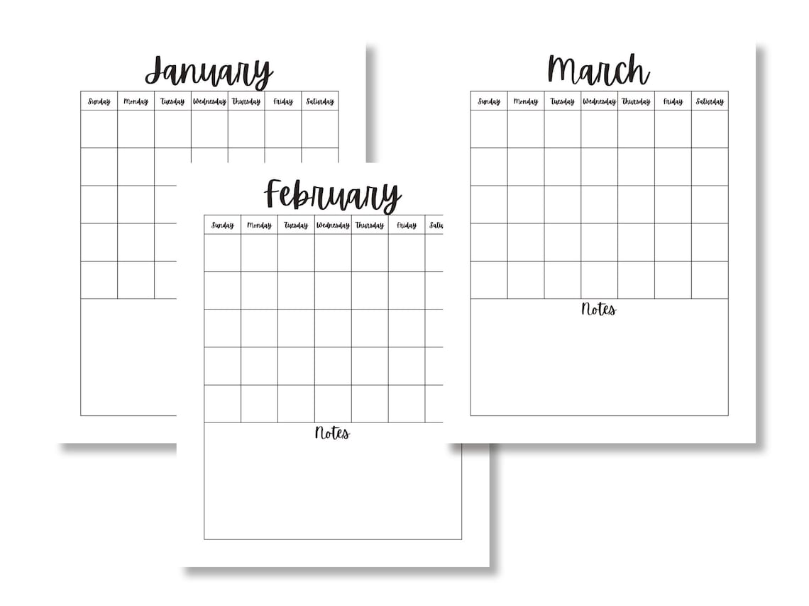 Printable Blank Calendar PDF Monthly Calendar Undated - Etsy