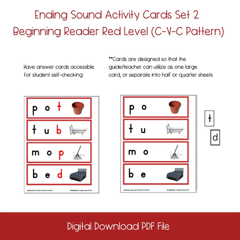 Printable Ending Sound Cards SET 2, Montessori Language Cards ...