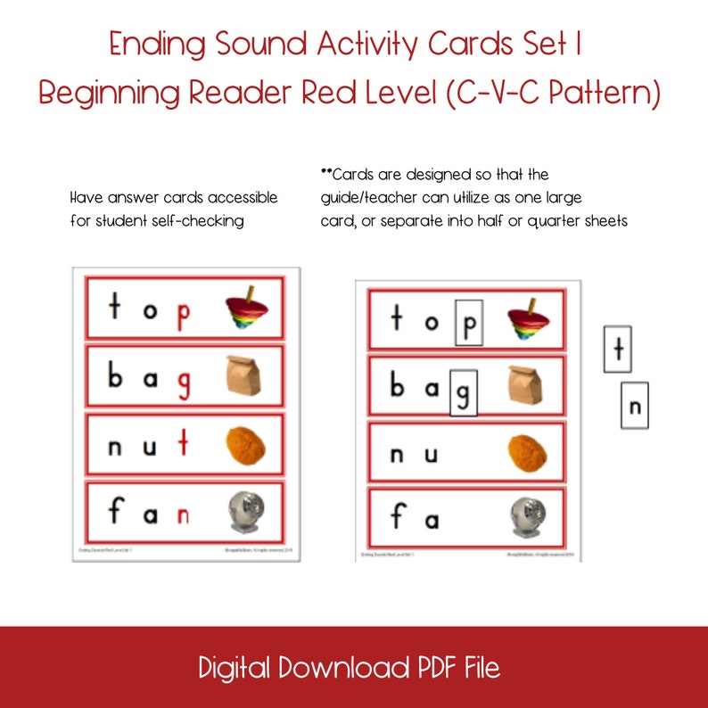 Printable Ending Sound Cards SET 1, Montessori Language Cards ...
