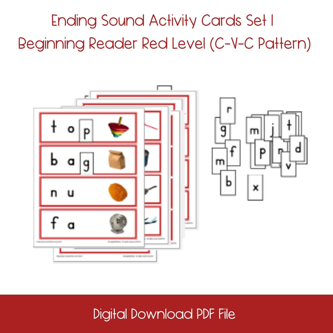 Printable Ending Sound Cards SET 1, Montessori Language Cards ...