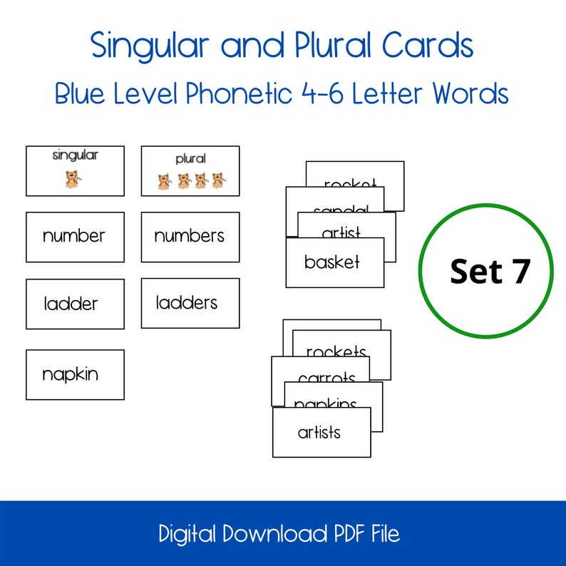 Singular and Plural Activity Cards Level 2 Blue Level, Montessori Shelf ...