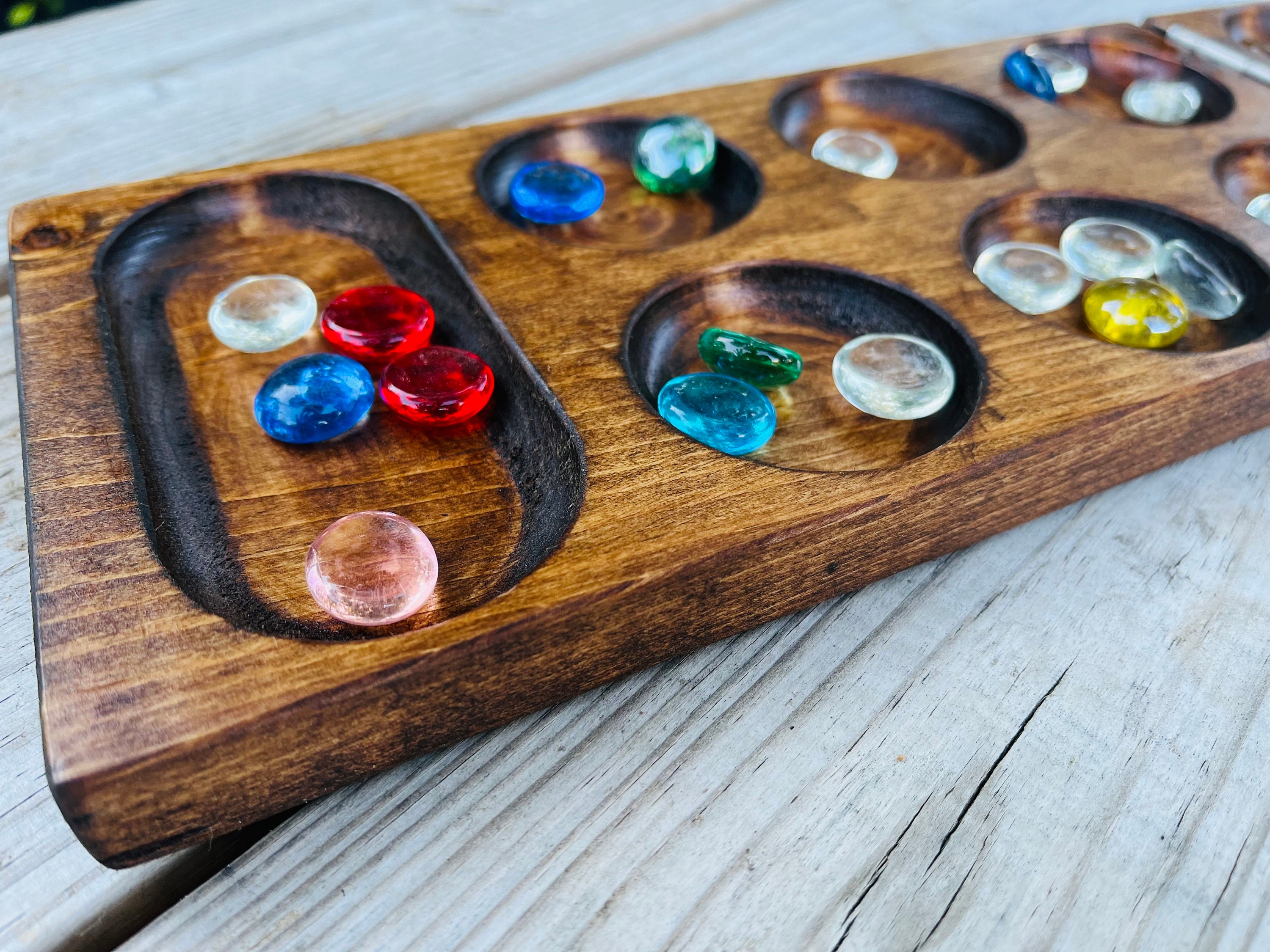 Mancala Board, Tree Design, Handmade With Glass Stones - Etsy
