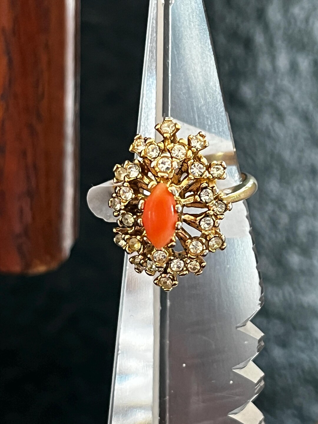 Vintage 18K HGE Coral and CZ Ring, Lovely Mid Century Design - Etsy