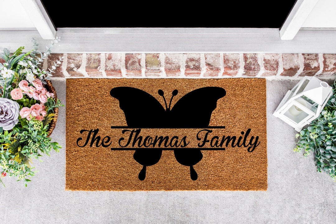 Butterfly Split Monogram Doormat, Butterfly Doormat, Last Name Doormat ...
