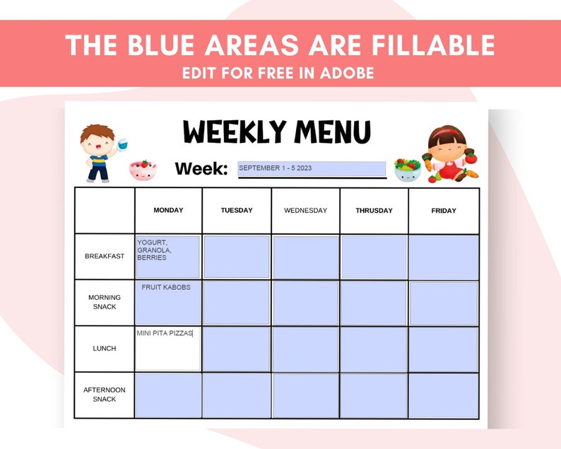 Editable Weekly Daycare Menu, Printable Weekly Menu for Preschool, Meal ...