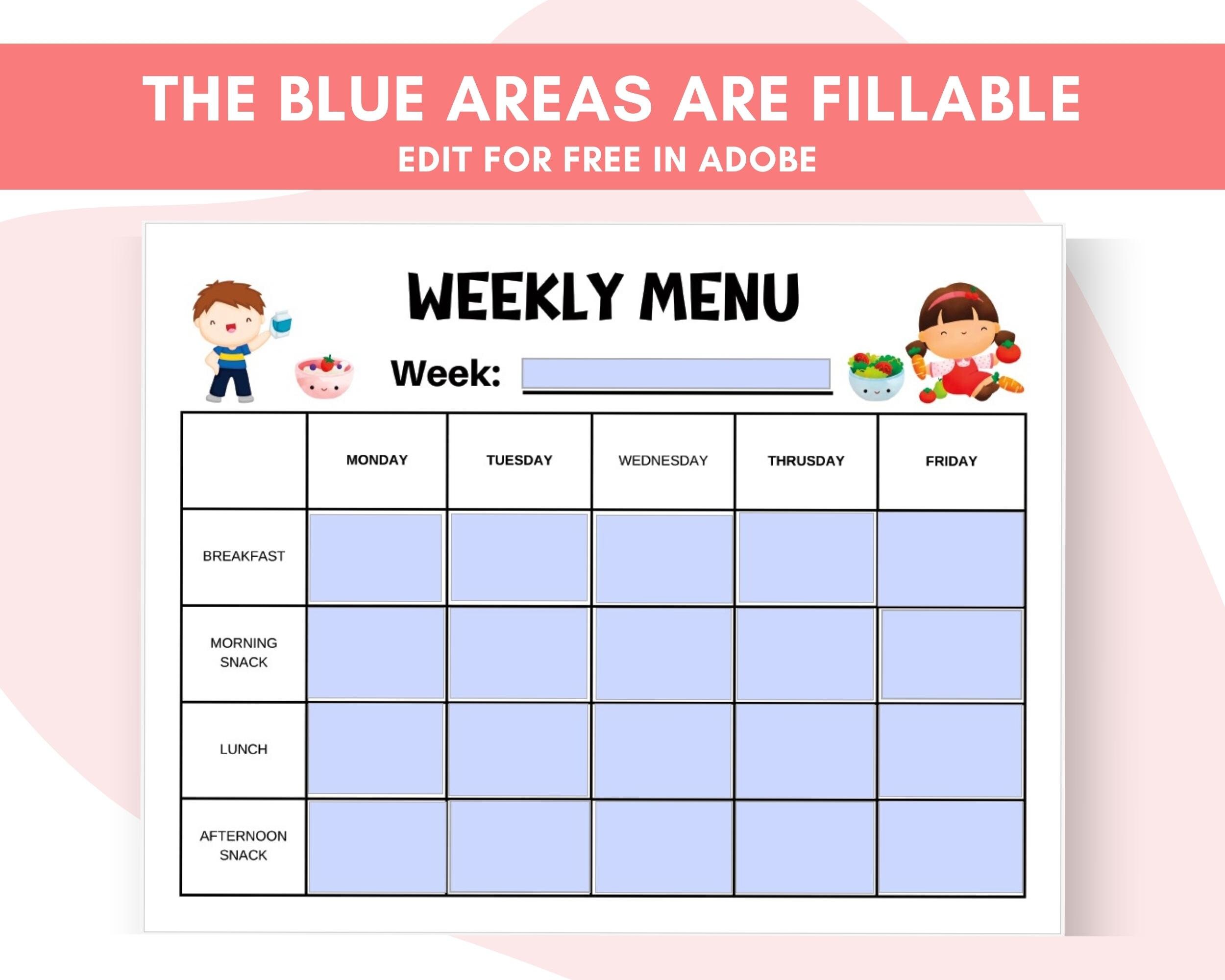 Editable Weekly Daycare Menu, Printable Weekly Menu for Preschool, Meal ...