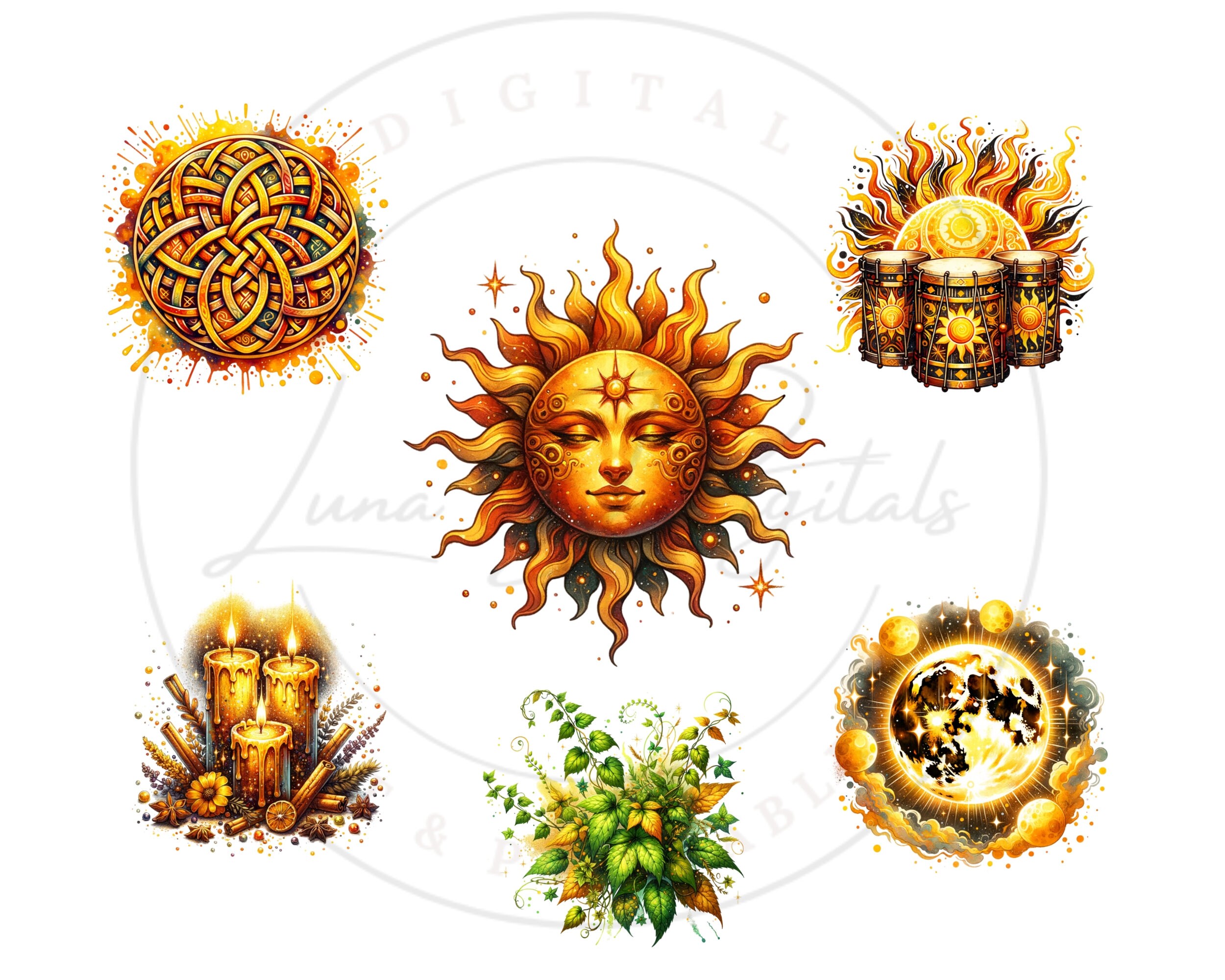 Watercolor Litha Clipart PNG Set, Floral Pagan Holiday Wiccan Art ...