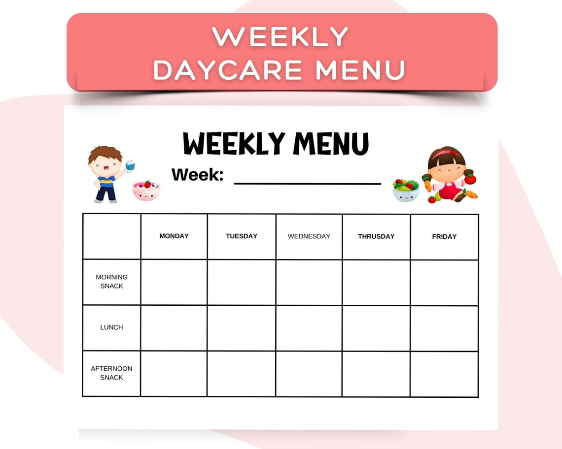Editable Weekly Daycare Menu, Printable Weekly Menu for Preschool, Meal ...