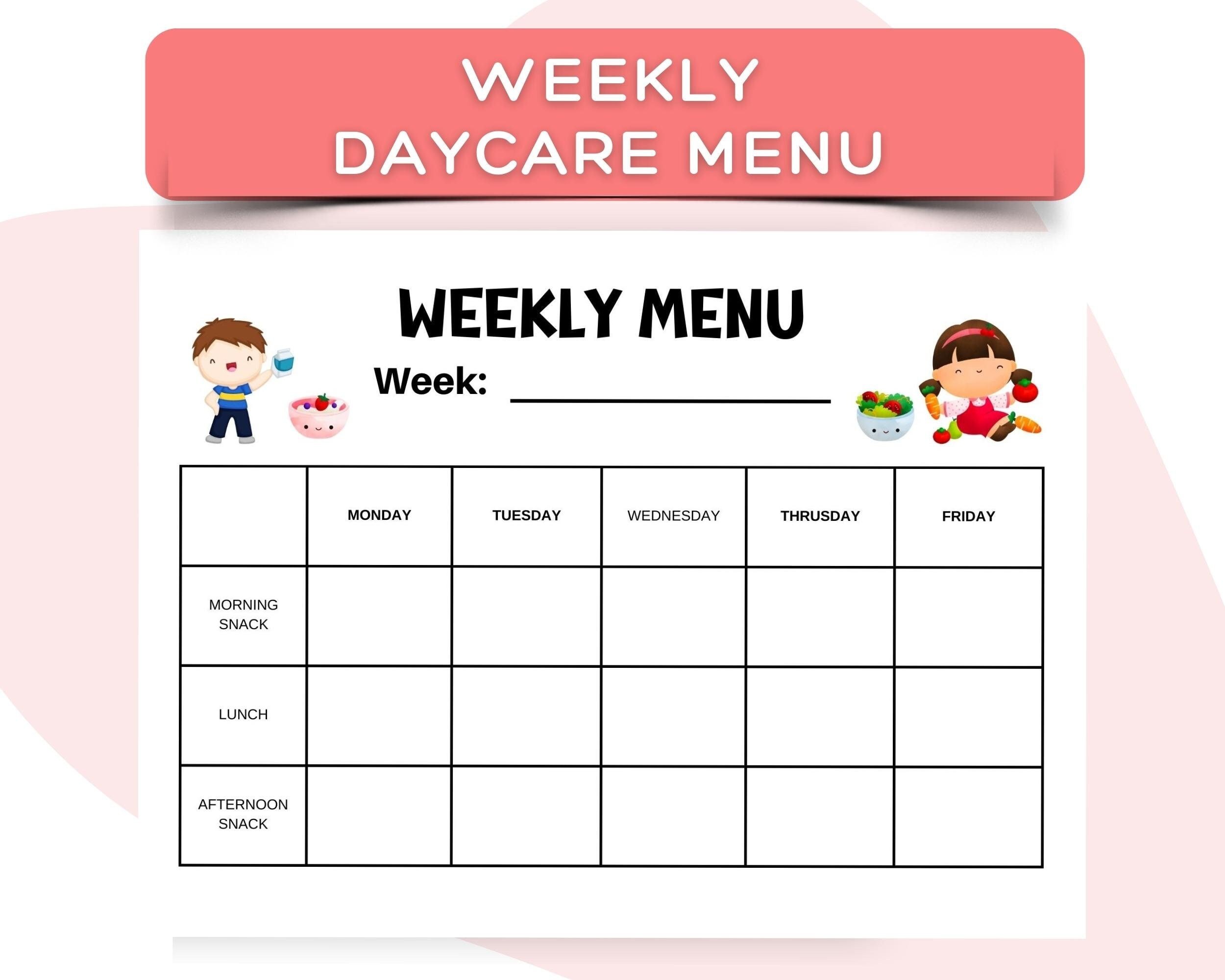 Editable Weekly Daycare Menu, Printable Weekly Menu for Preschool, Meal ...