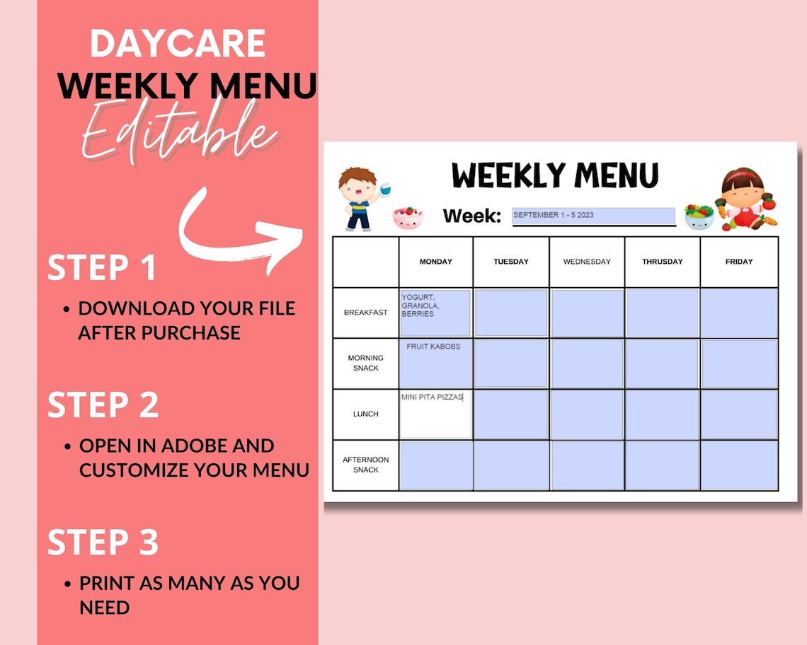 Editable Weekly Daycare Menu, Printable Weekly Menu for Preschool, Meal ...