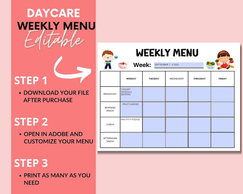 Editable Weekly Daycare Menu, Printable Weekly Menu for Preschool, Meal ...