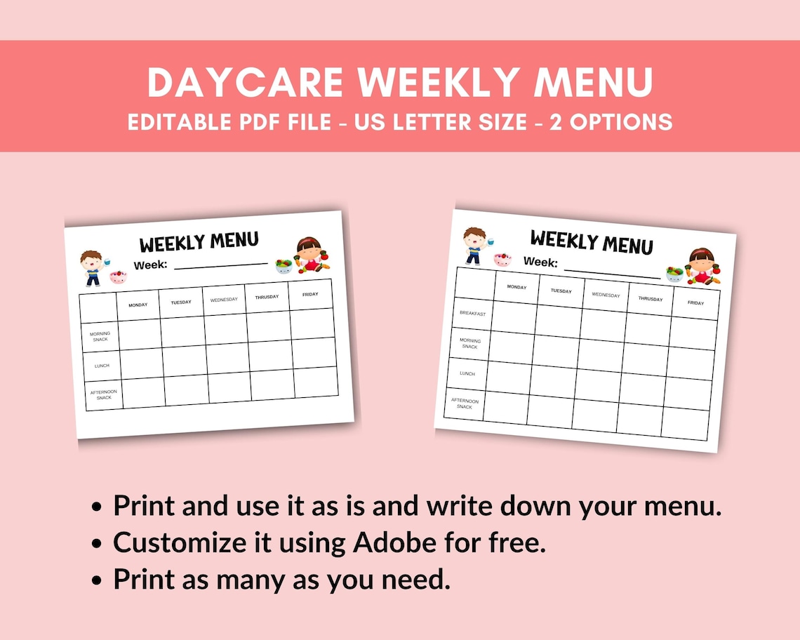 Editable Weekly Daycare Menu, Printable Weekly Menu for Preschool, Meal ...