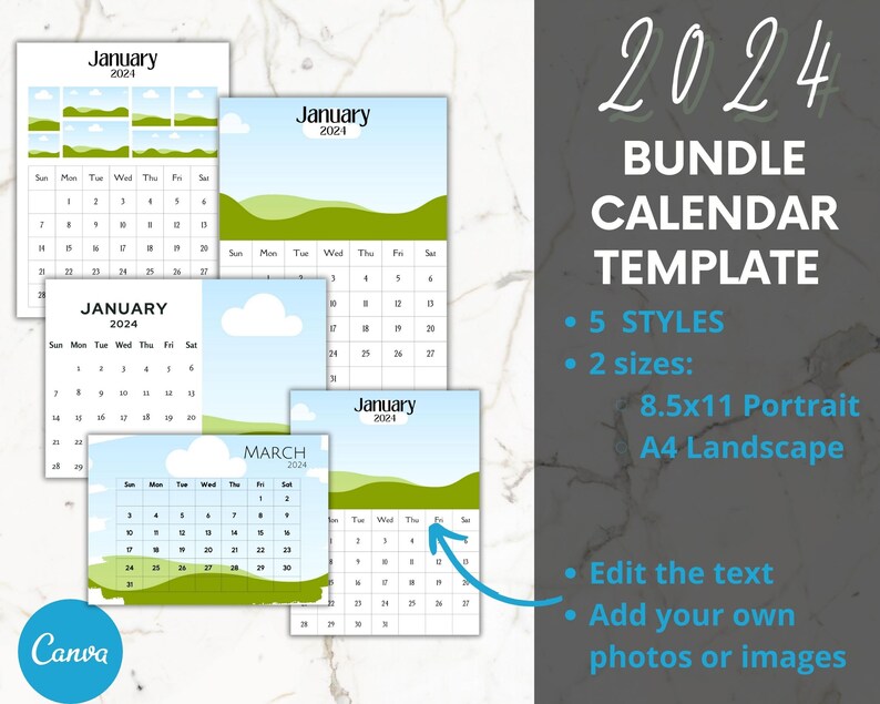 2024 Fully Editable Calendar Canva Template Bundle 2024 Photo - Etsy