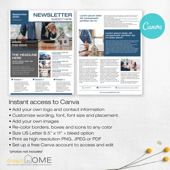 Newsletter Template 2 Page EDITABLE | Real Estate Newsletter | Media ...