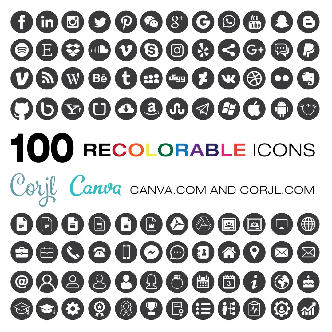 Recolorable Icons for Canva and Corjl | Social Media, Personal, Awards ...