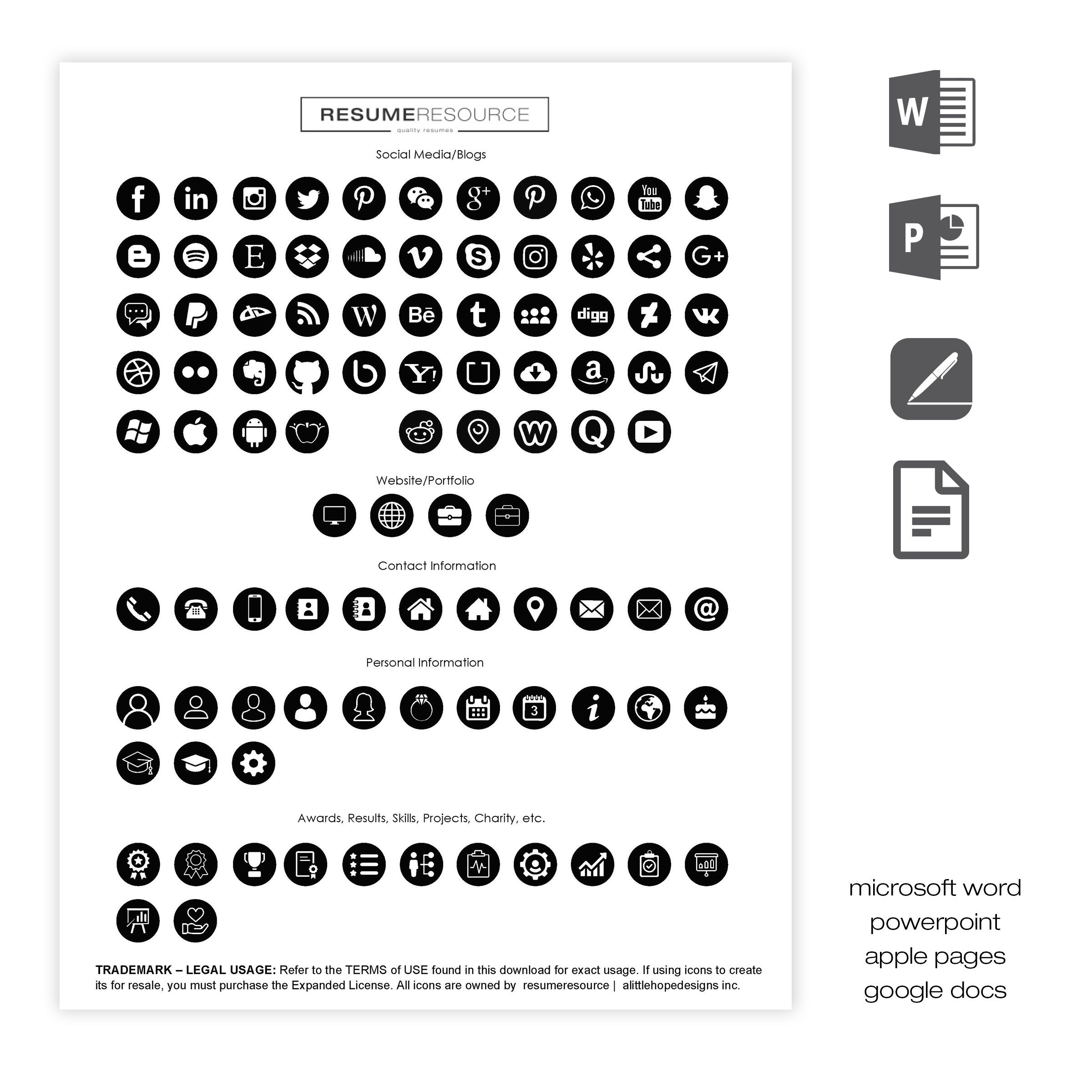 RESUME ICONS SET | Recolorable Icons for Microsoft Word, Powerpoint and ...