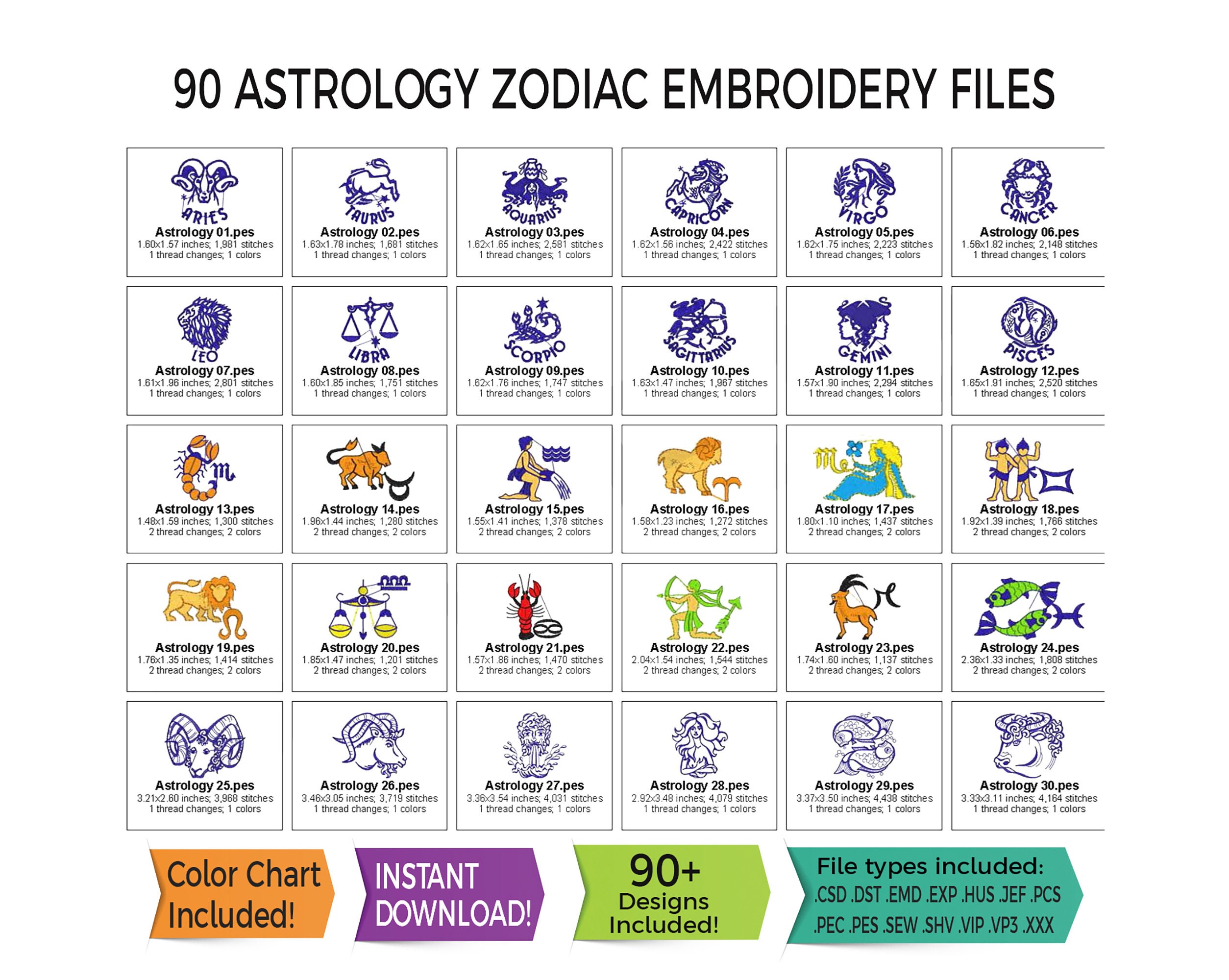 90 Astrology Zodiac Embroidery Design Files Instant - Etsy