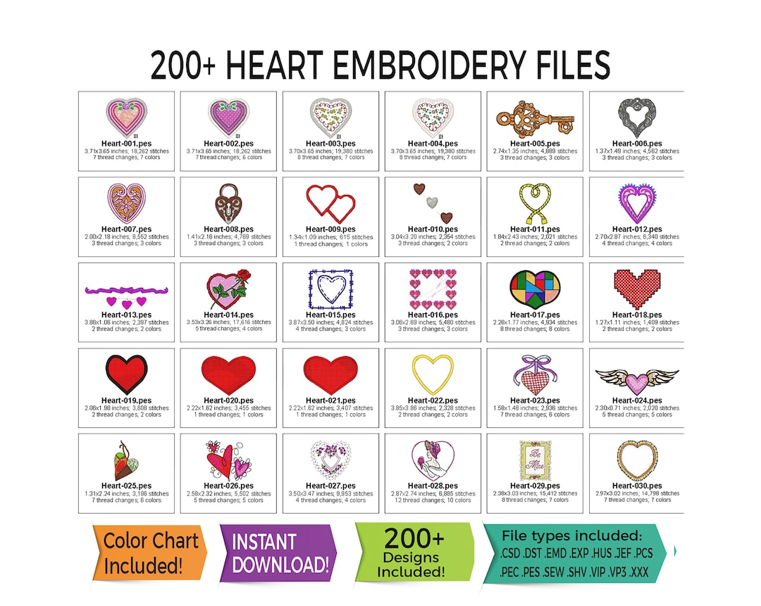 200+ Heart Embroidery Designs • Machine Embroidery Files (instant ...