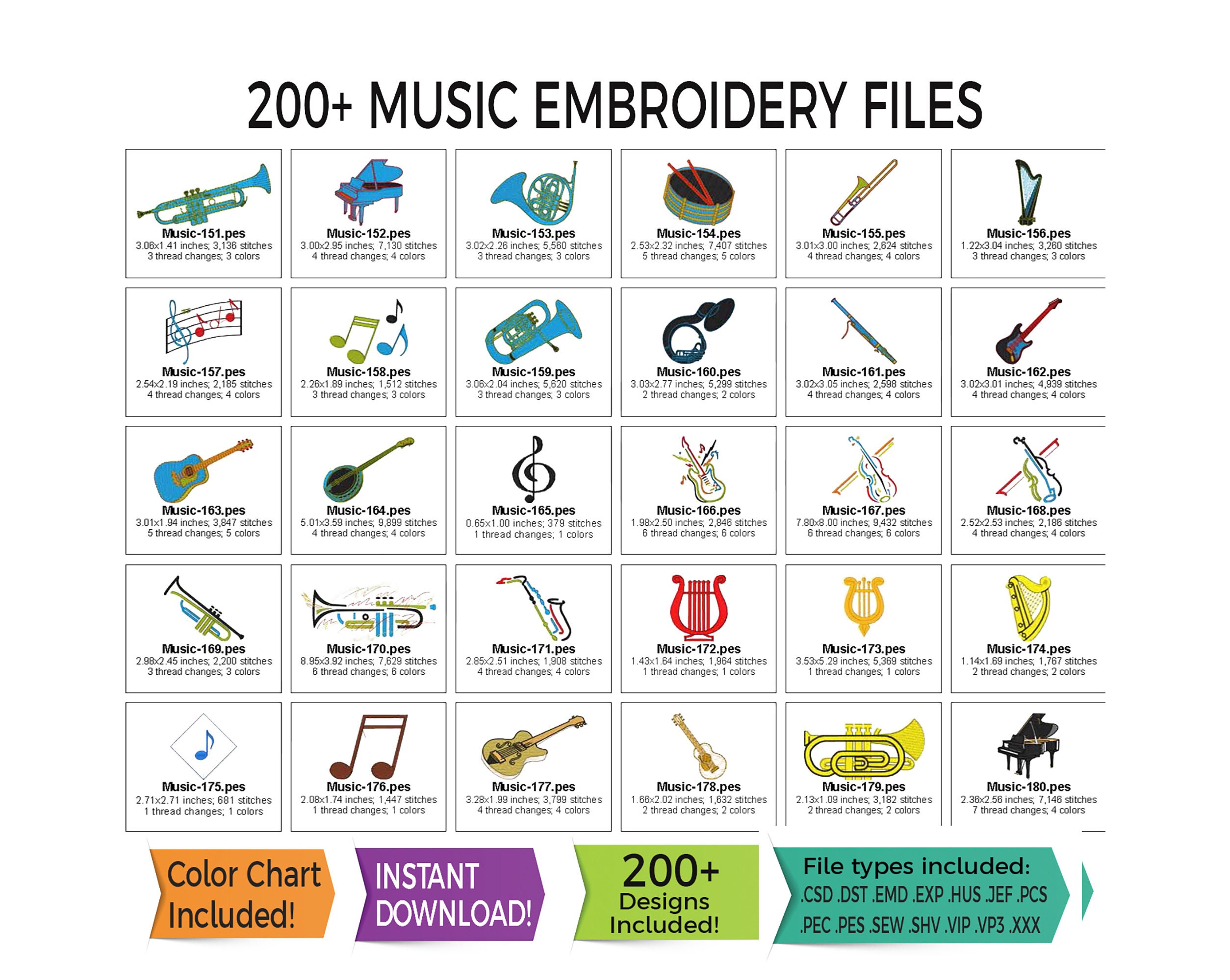 200+ Music Embroidery Designs • Musical Instruments, Themed Files ...