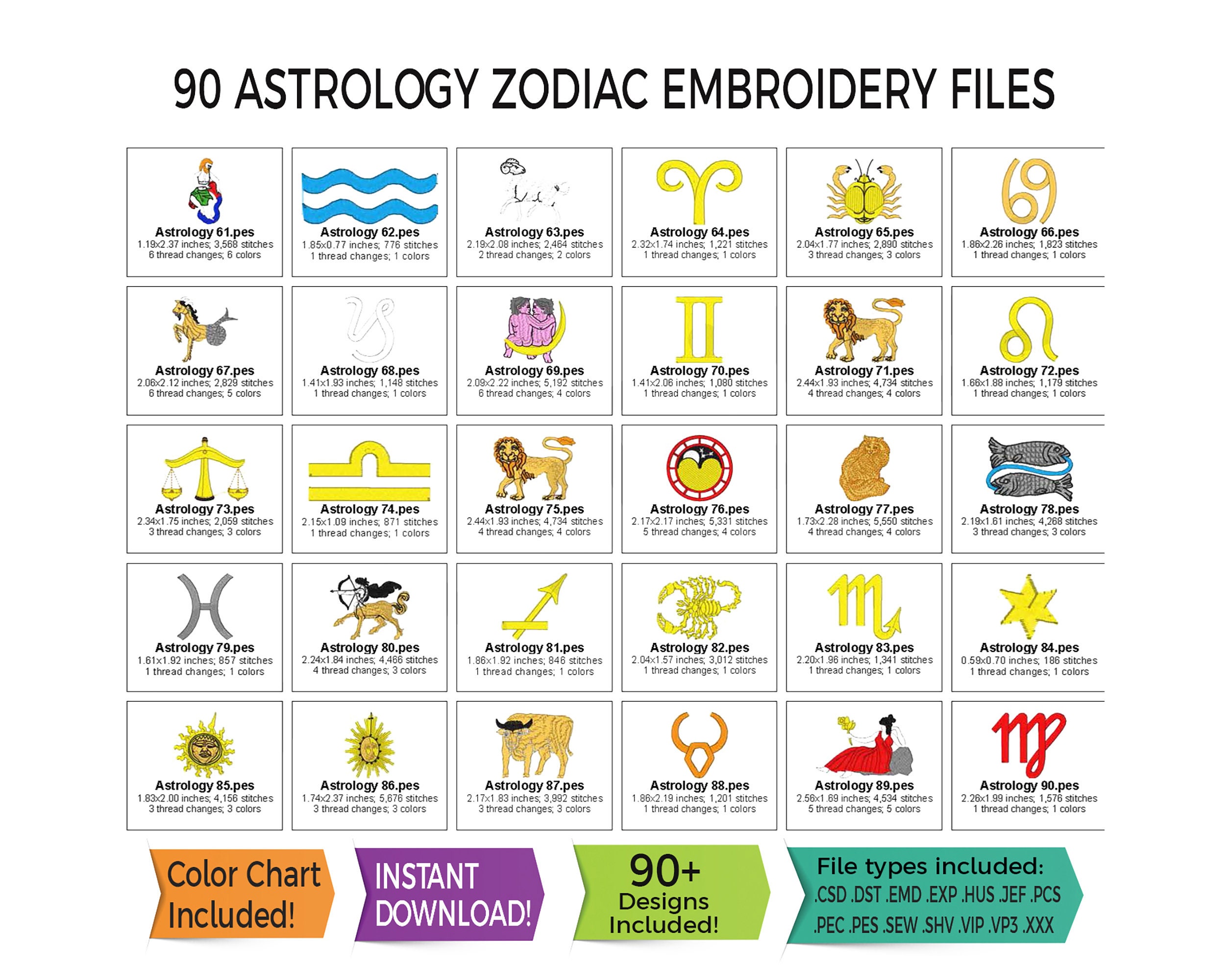90 Astrology Zodiac Embroidery Design Files Instant - Etsy
