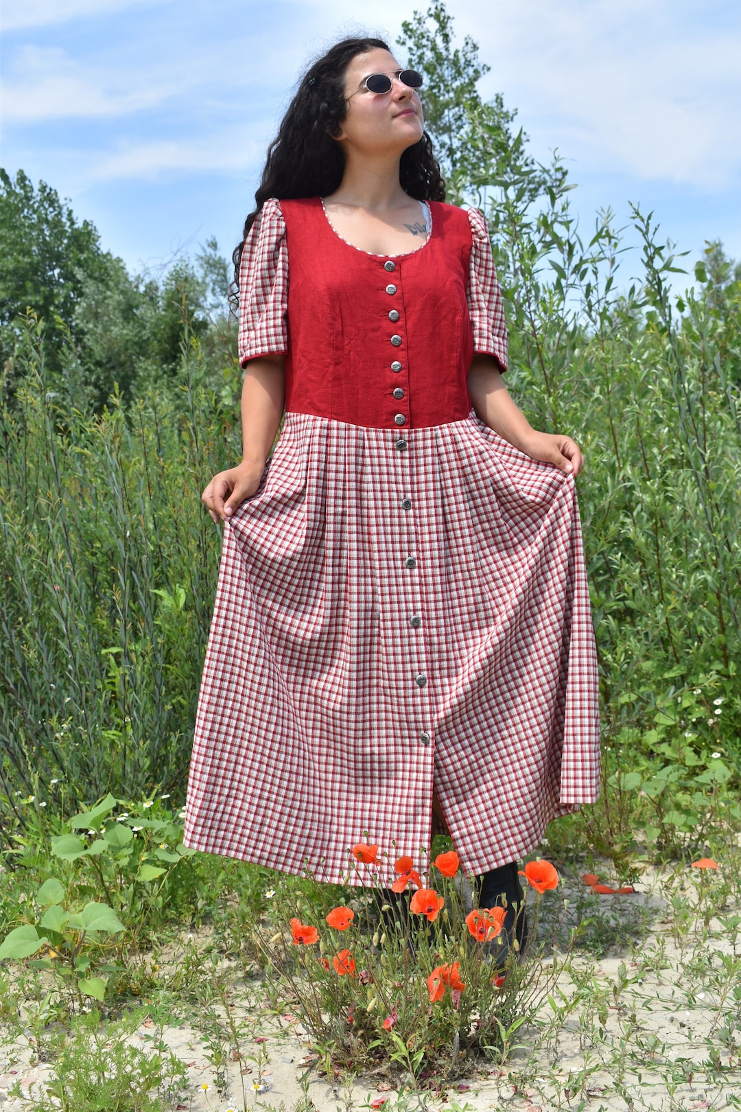 Vintage Tyrolean Linen Dress | 80s Red Bodice Gingham Dirndl | Country ...