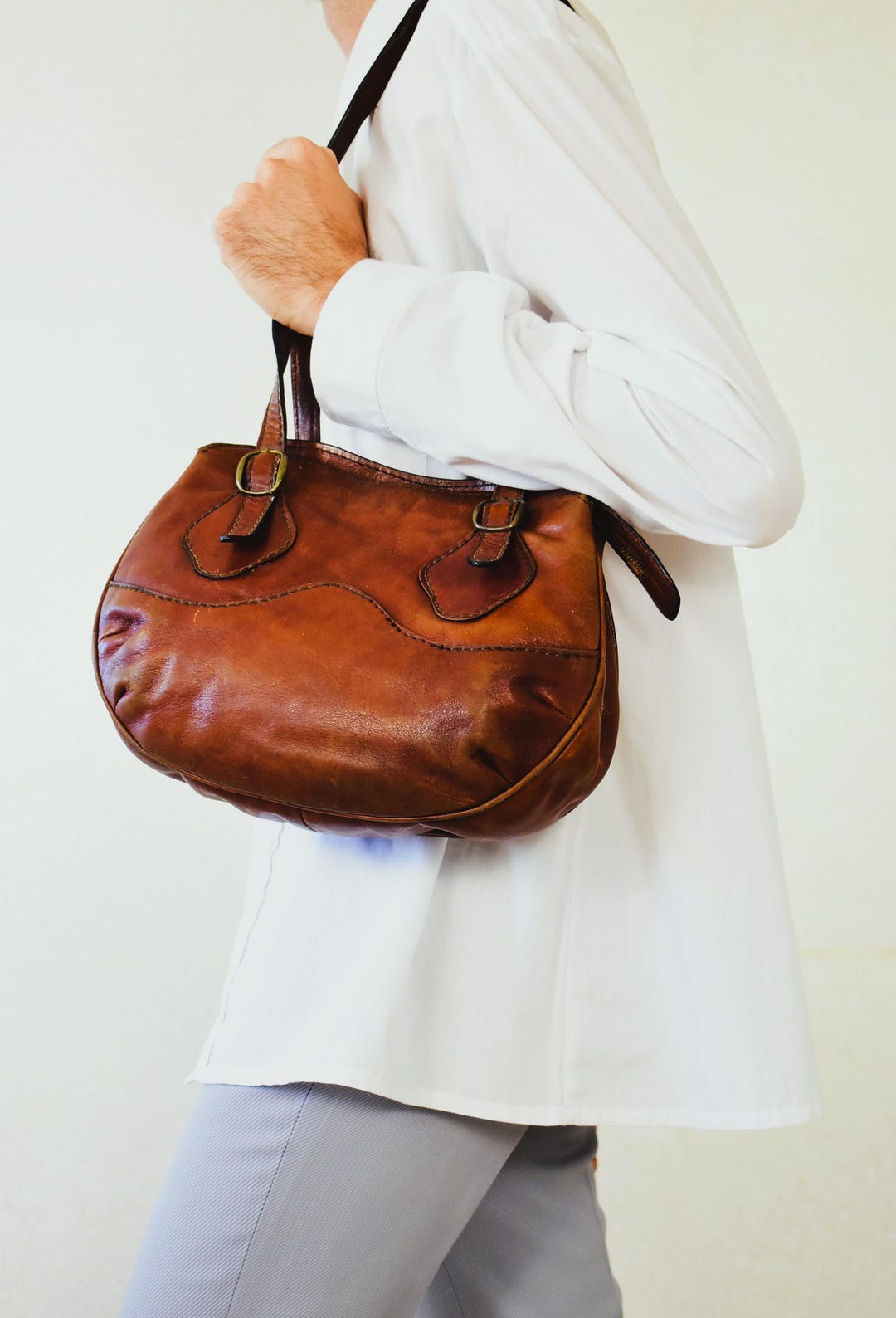 70s Patina Leather Shoulder Bag: Italian Vintage Satchel Boho Brown ...