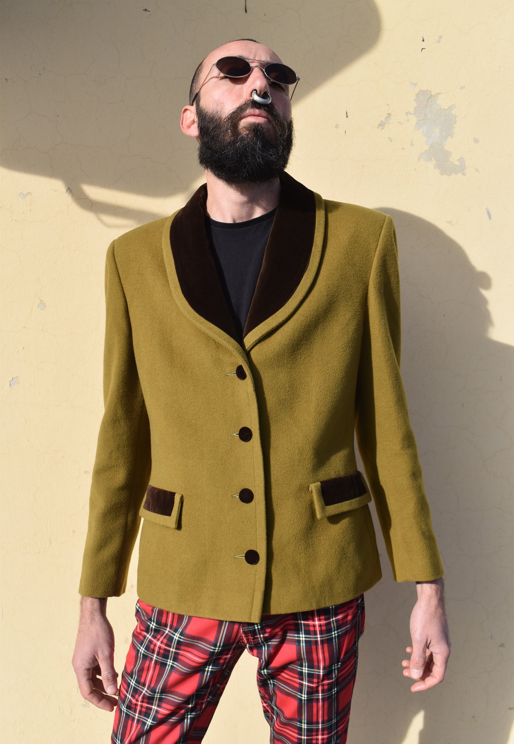 Light Academia Vintage 70s Wool Blazer Green With Brown - Etsy