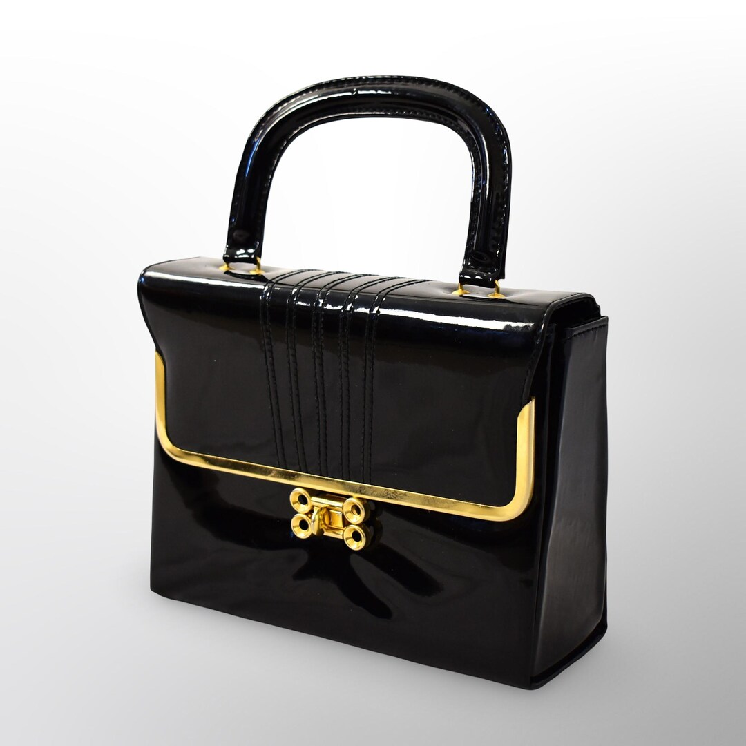 Vintage 1950s-60s Black Patent Midcentury Handbag with Gold Accents ...