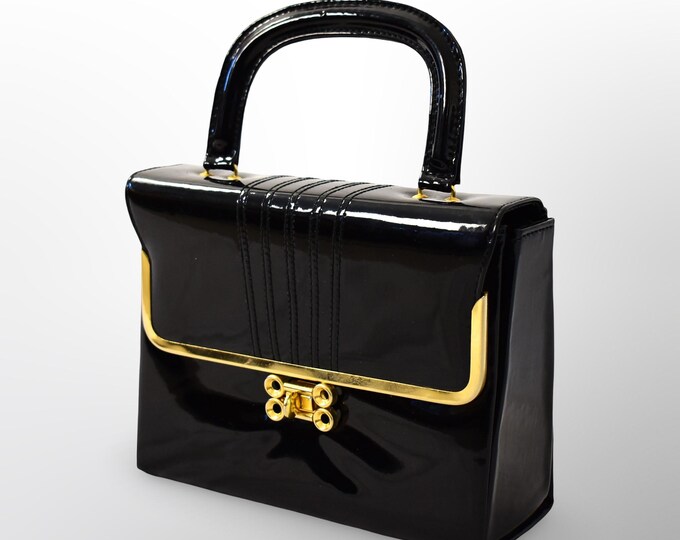 Vintage 1950s-60s Black Patent Midcentury Handbag With Gold Accents ...