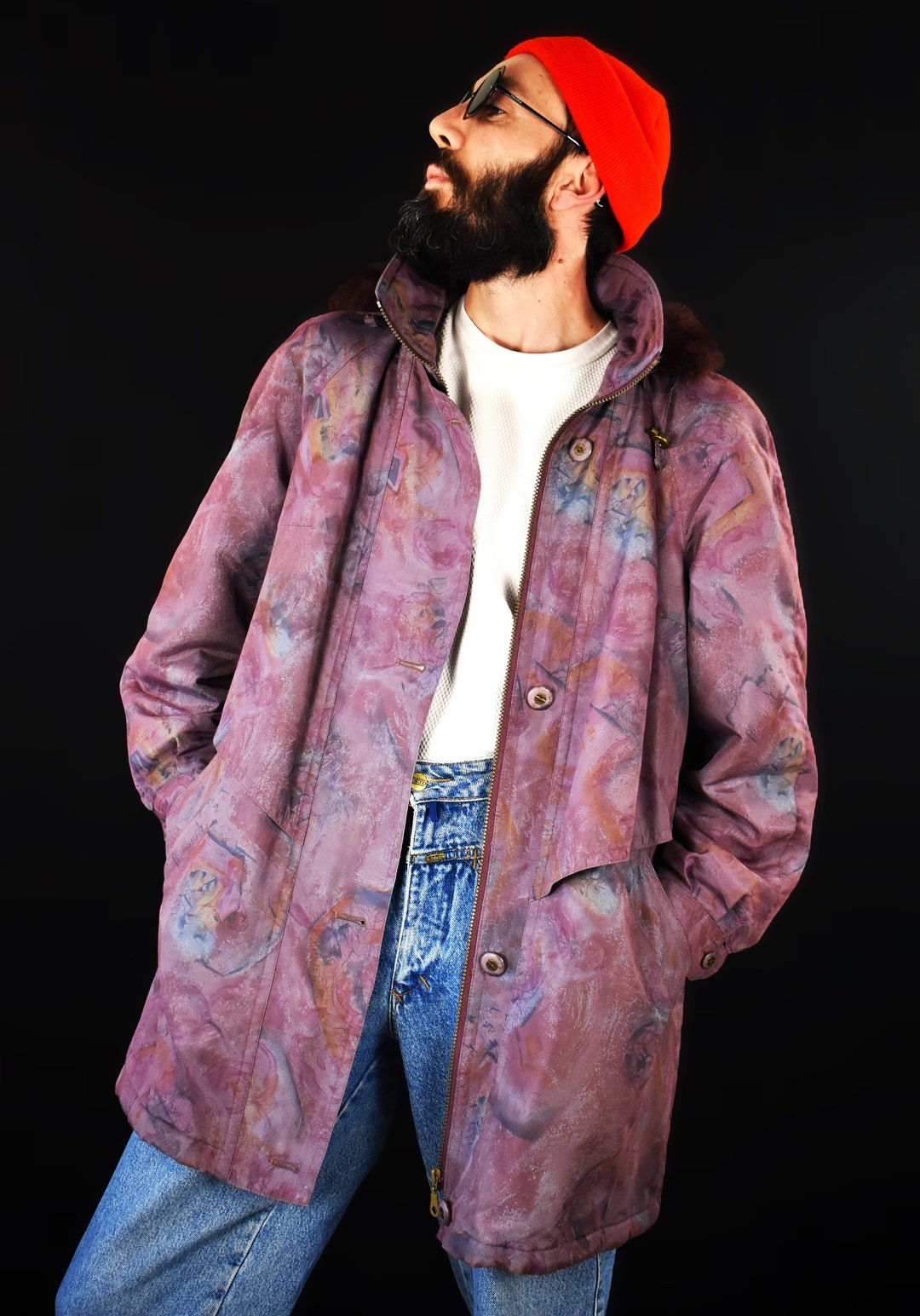 Vintage German 80s Coat - Abstract Pattern 90s Parka With Fur Hood ...