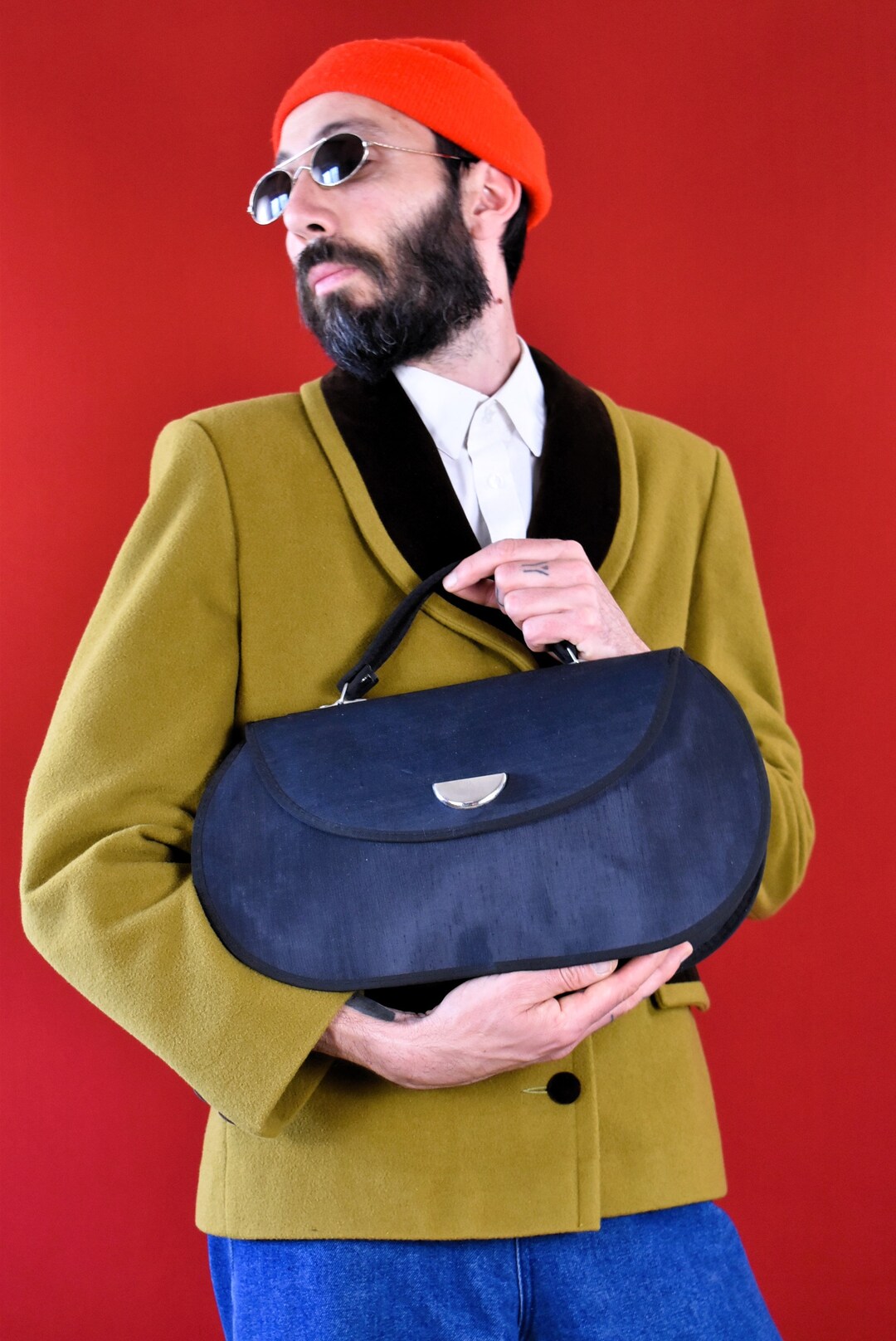 60s 70s Black Squared Vintage Handbag Canvas Vintage Bag Italy Design ...