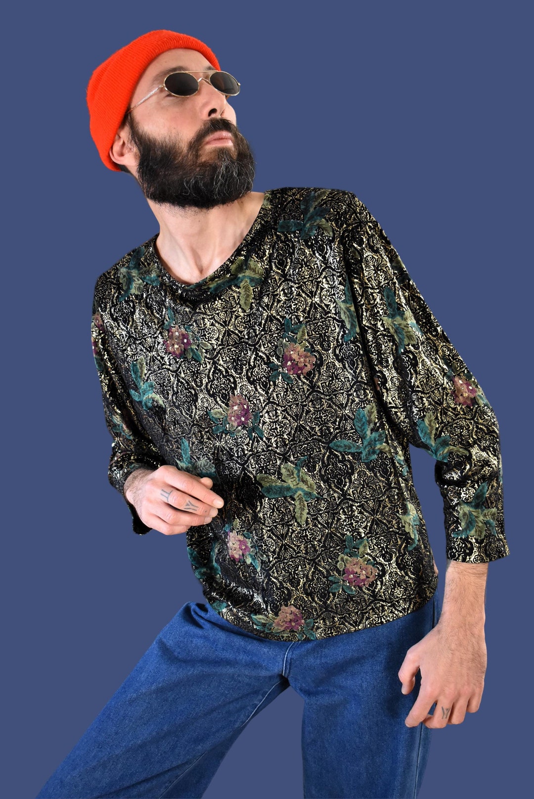 German Vintage Festive Blouse | Velvet Brocade Floral Shirt | Size L ...