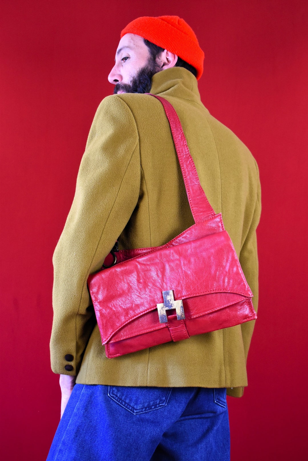 JEUNESSE Red Luxurious Italian 70s Vintage Leather Bag - Shoulderbag ...
