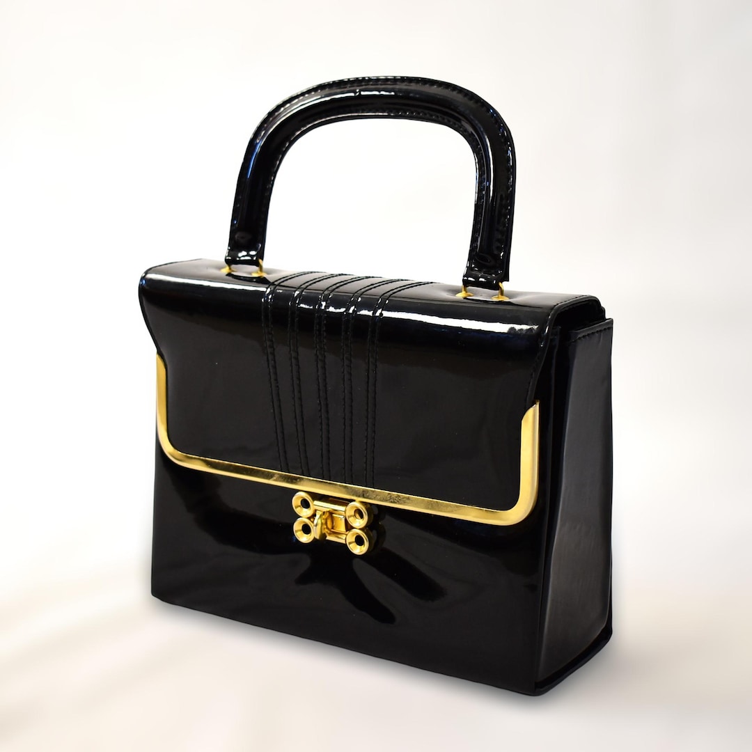 Vintage 1950s-60s Black Patent Midcentury Handbag With Gold Accents ...