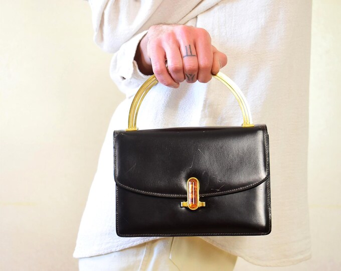 1950s Italian Leather Top Handle Bag | Art Deco Amber Clasp | Gold ...