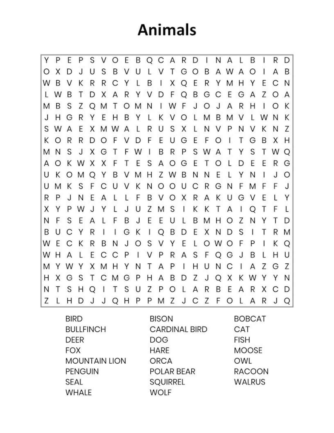 Animal Word Search Puzzle - Etsy
