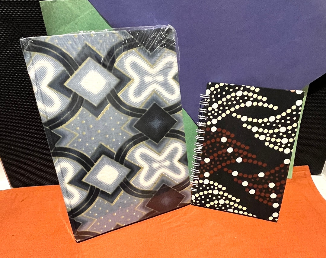Lot of 2 90s African Ethnic Design Fabric Hardcover Geometric Gray Blue ...