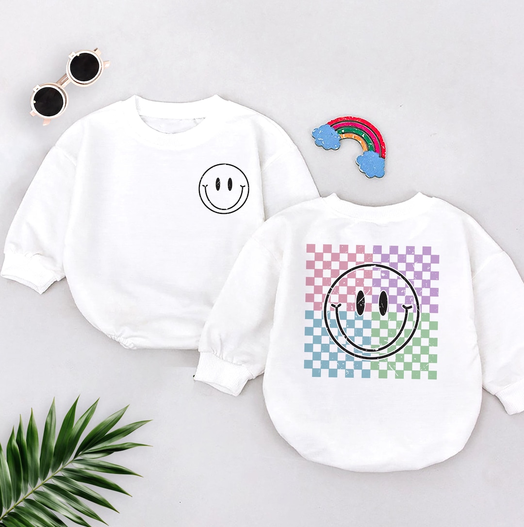 Checkered Smiley Face Baby Romper, First Birthday Baby Romper, Funny ...