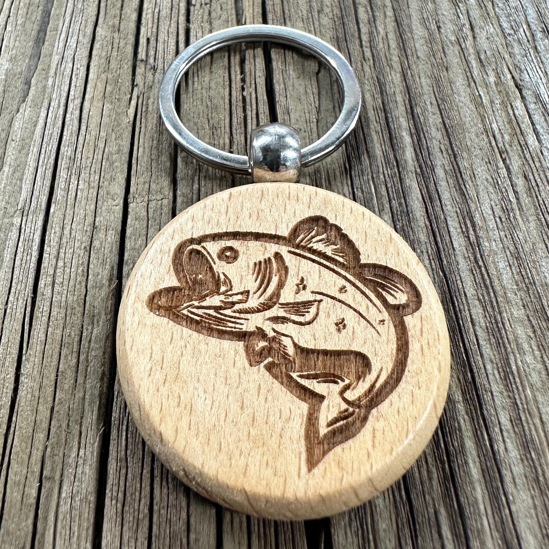 Bass Fish Engraved Wood Key Chain With Moon - Gift for Home Office ...