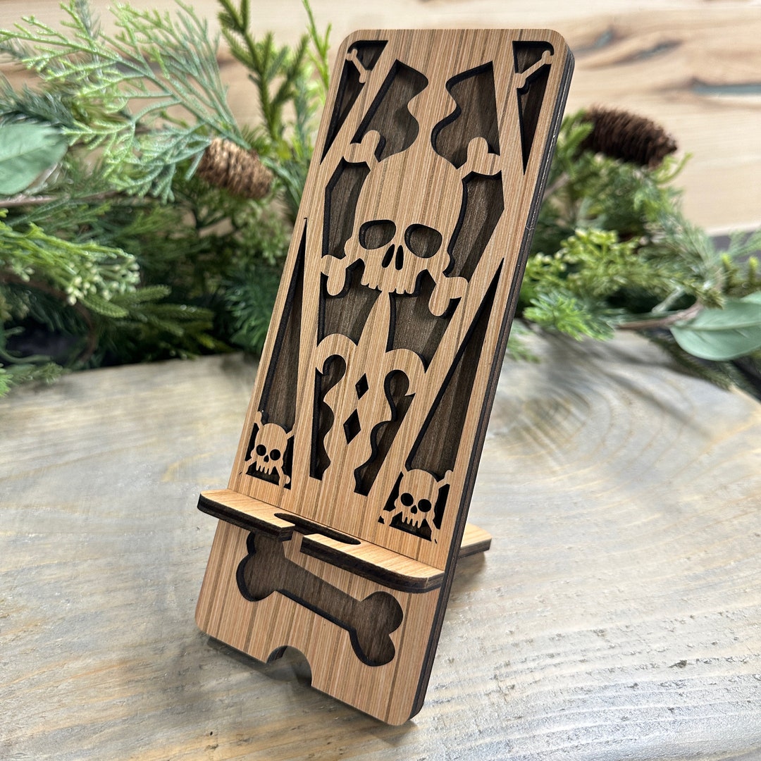 Laser Cut Wood Phone Stand and Decor Skull Crossbones and Casket Art ...