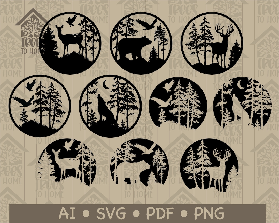 Wildlife Circle Animal Scene | Silhouette | Tall Pines | Bear | Deer ...