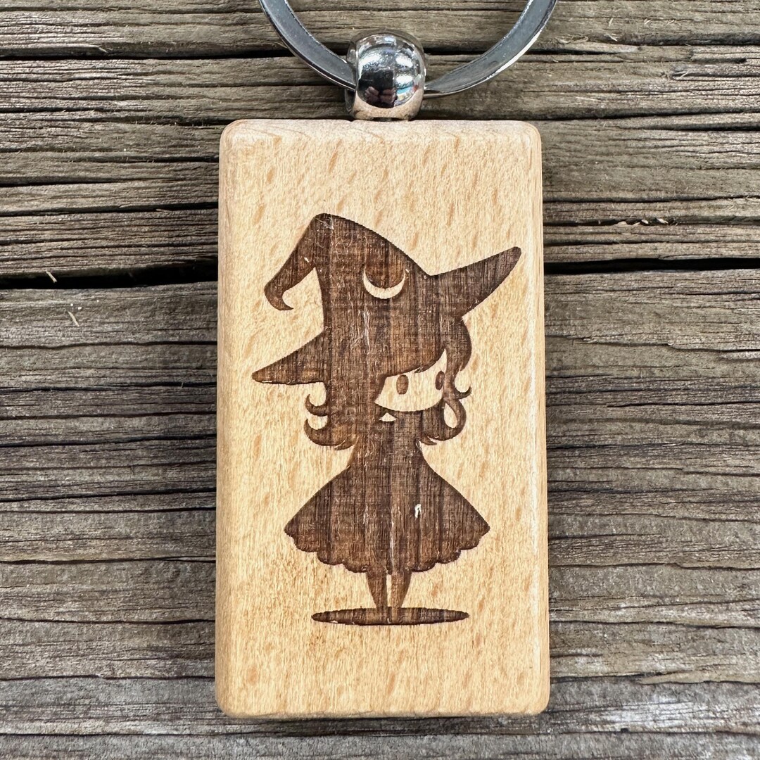 Cute Little Witch Engraved Wood Key Chain With Moon Witch Hat - Great ...