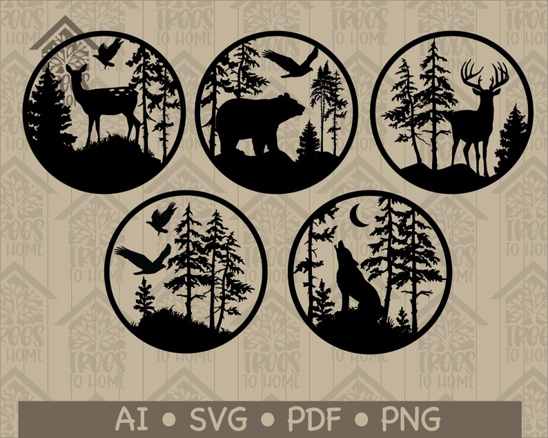 Wildlife Circle Animal Scene | Silhouette | Tall Pines | Bear | Deer ...