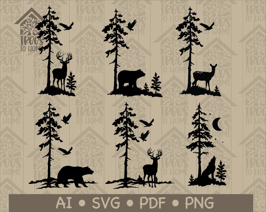 Wildlife Animal Silhouette Scenes | Tall Pines Art | Bear | Deer | Wolf ...
