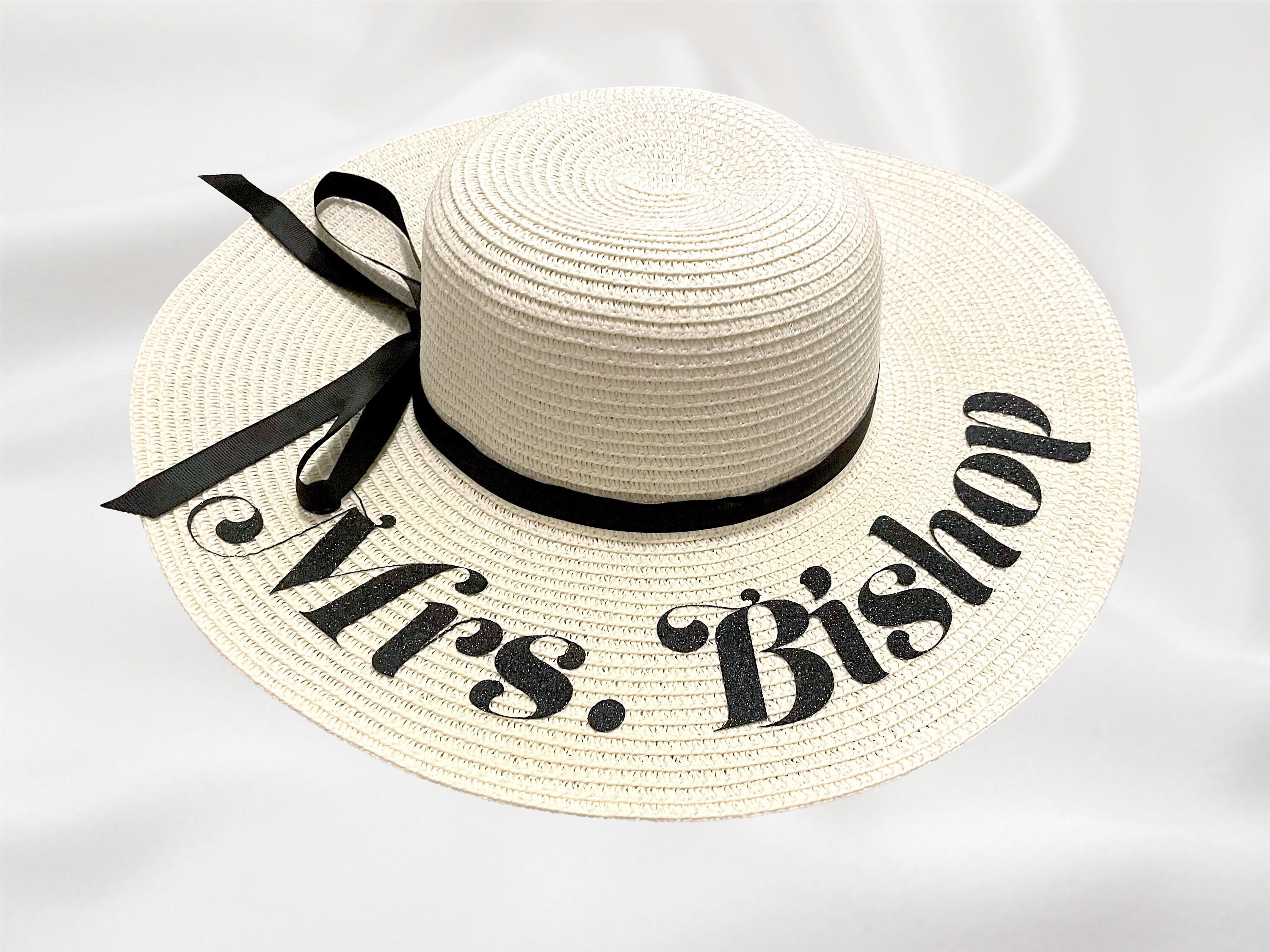 Personalized MRS Bride Sun Hat Bridal Sunhat With Black Bow Beach Bride ...