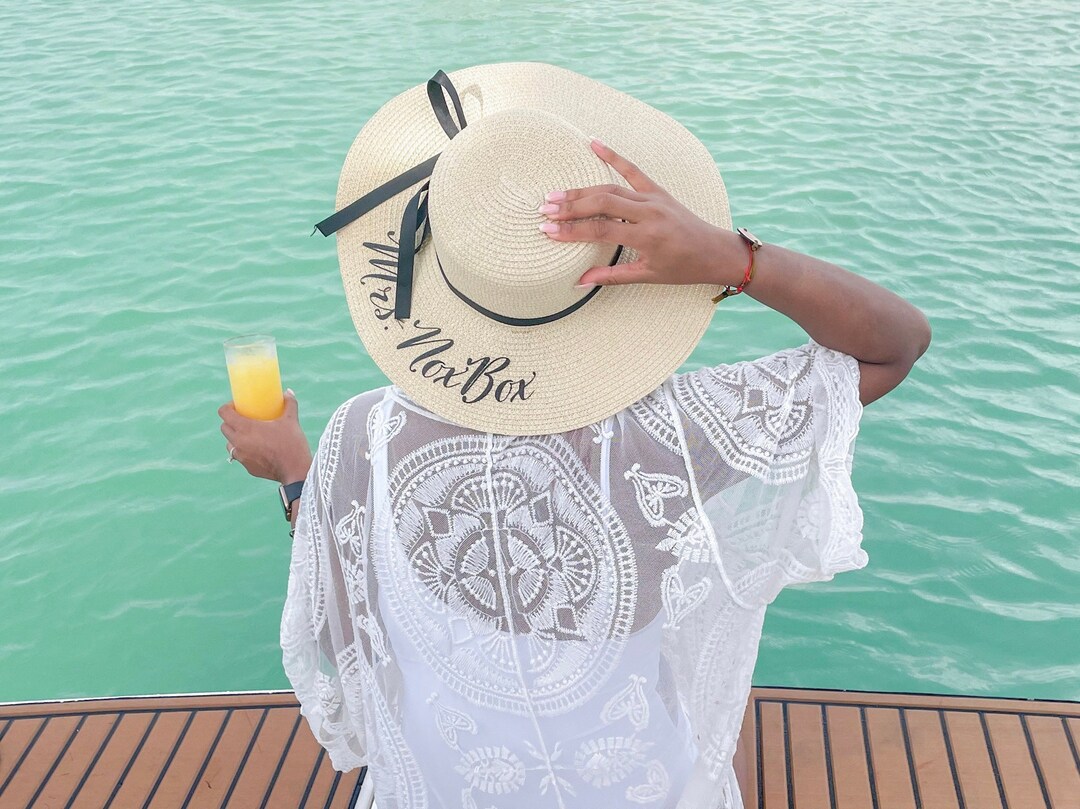 Personalized MRS Bride Sun Hat Bridal Sunhat With Black Bow Beach Bride ...