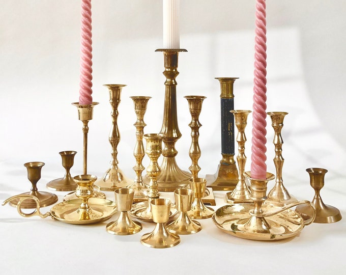 Assorted Brass Candle Holders, Curated Vintage Solid Brass Candlesticks Gold Boho 70s Wedding ...